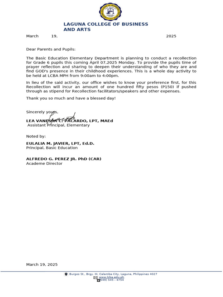 Recollection Letter Elem | PDF