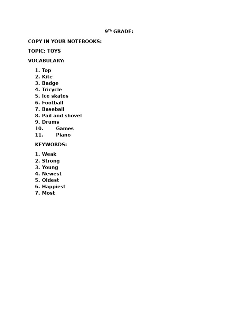 9th Grade Vocabulary: Toys and Adjectives | PDF