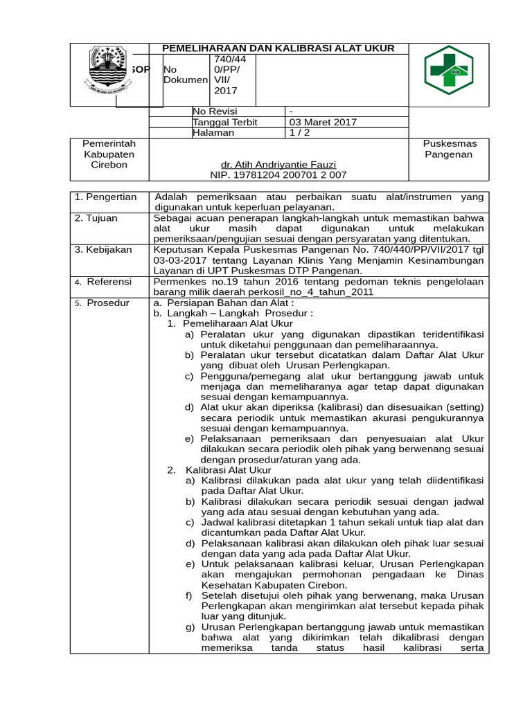 Sop Pemeliharaan Dan Kalibrasi Alat Ukur | PDF