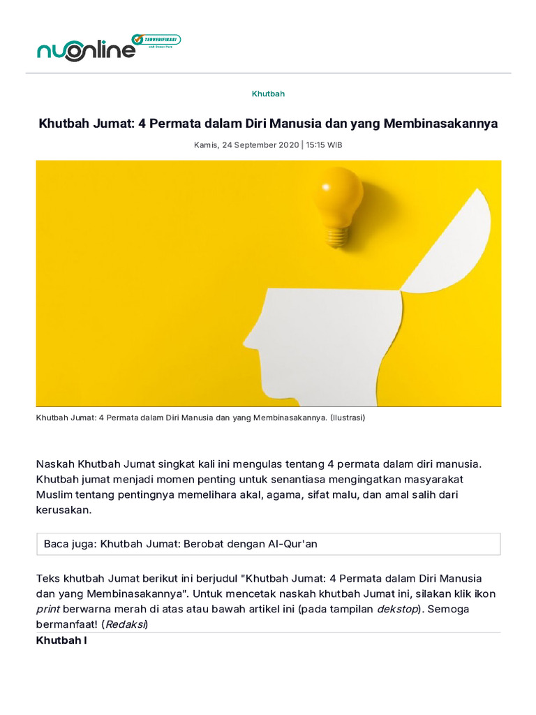Khutbah Jumat - 4 Permata Dalam Diri Manusia Dan Yang Membinasakannya | PDF