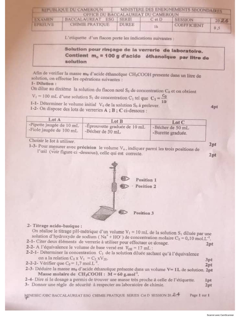 Proposition de Corrigé Chimie Pratique Baccalaureat CD 2024 | PDF