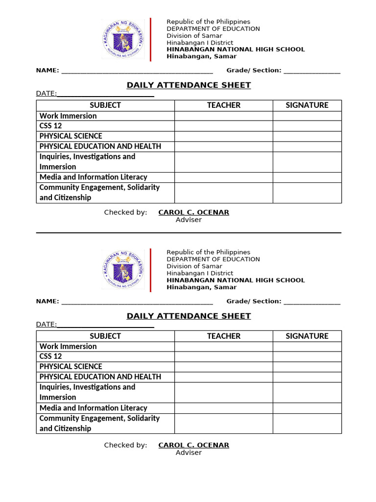 Daily Attendance Sheet for Students | PDF