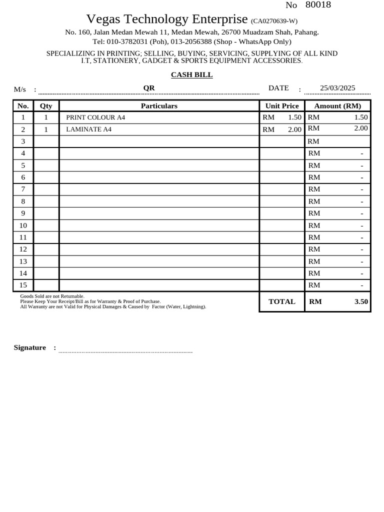 Template VT Cash Bill | PDF