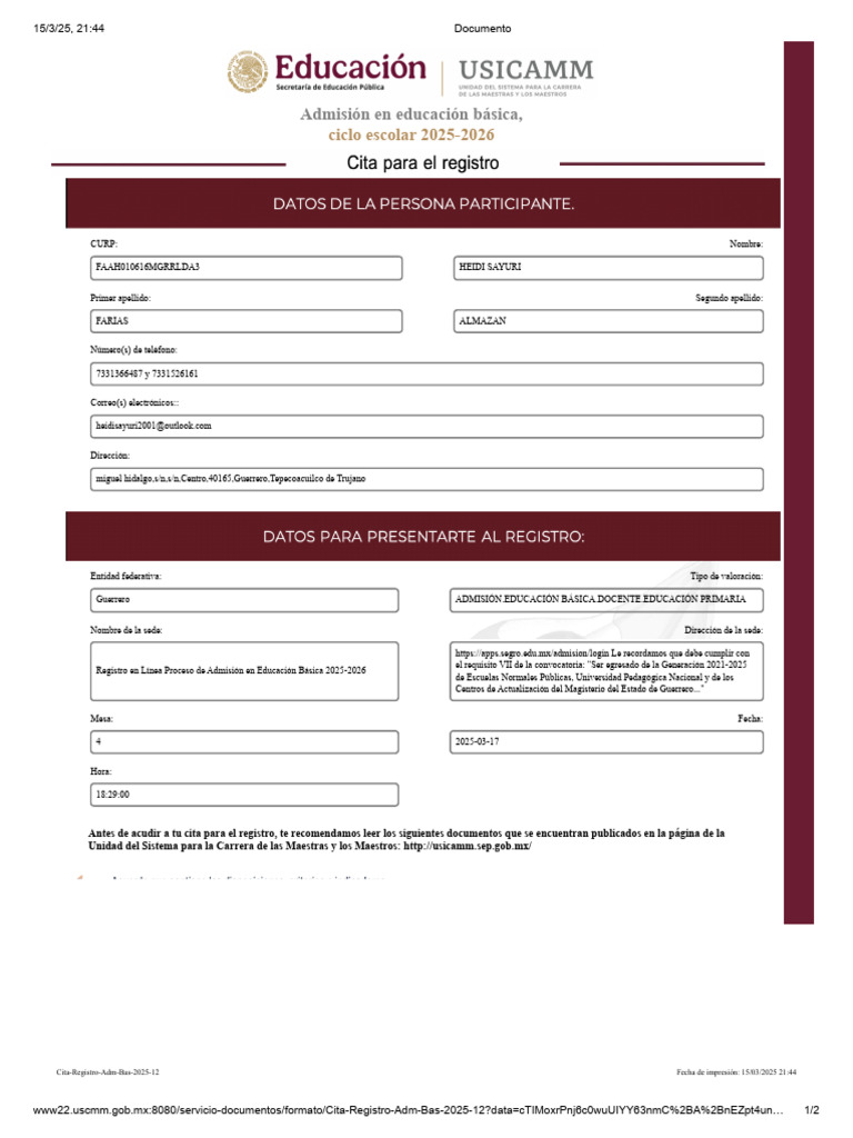 Cita Registro USICAM 2025 - 2026 | PDF | Educación primaria | Maestros