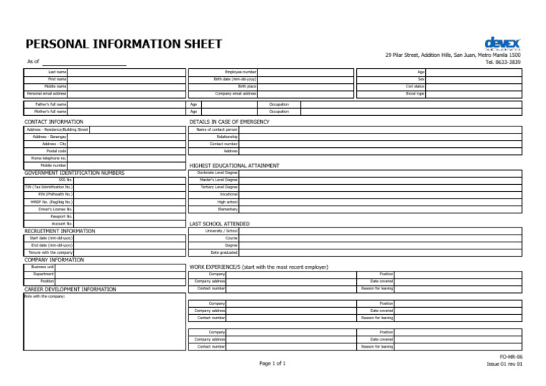 FO-HR-06 Personal Information Sheet - Rev 01 (NO LOGO) | PDF | Identity ...
