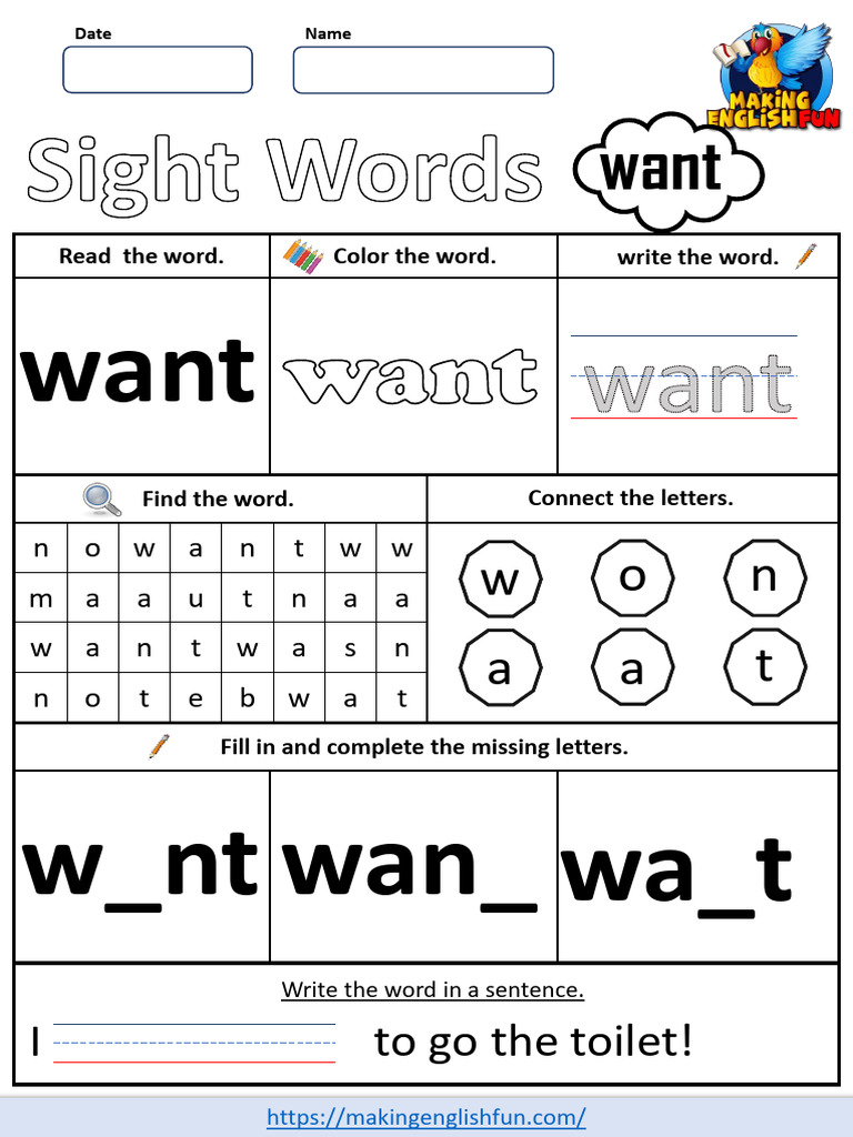 FREE Kindergarten Dolch Sight Words Worksheets Want | PDF