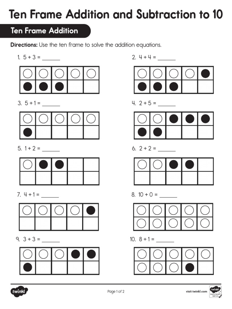 Ten Frame Addition and Subtraction To 10 Activity Black and White | PDF