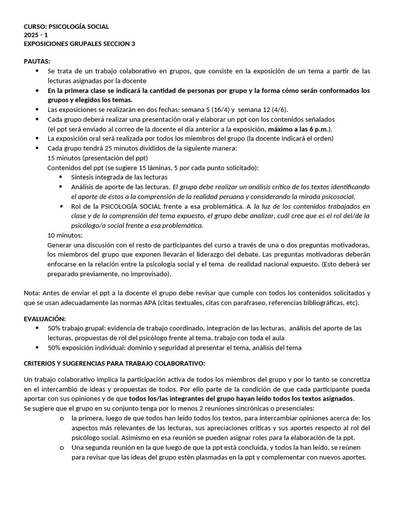 Sección 3 Pautas y Lista de Exposiciones GRUPALES 2025 1 | PDF | Psicología Social | Sicología