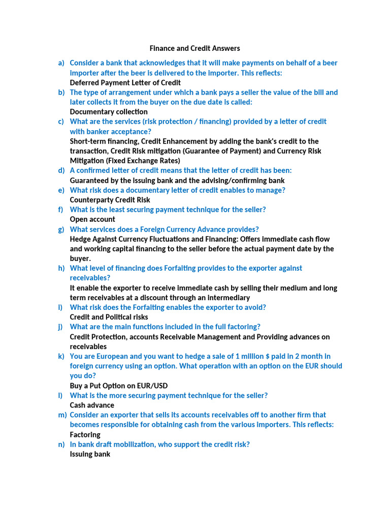 Finance and Credit Answers | PDF | Letter Of Credit | Interest