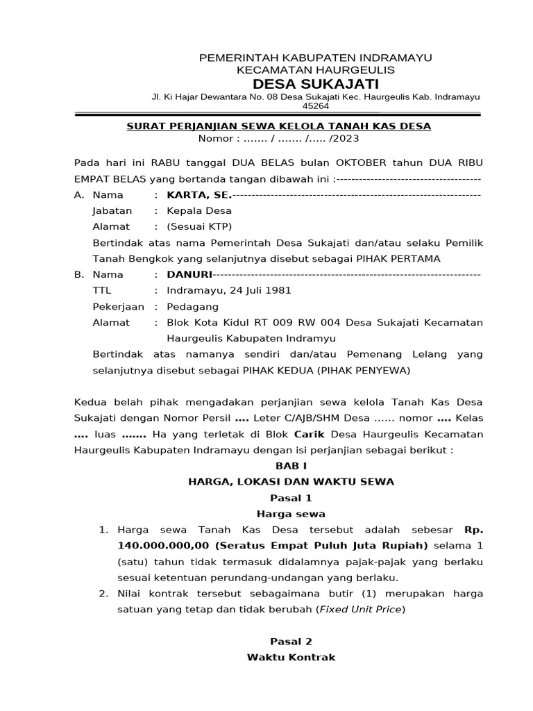 Draft - Perjanjian-Lelang-Tanah-Kas-Desa | PDF