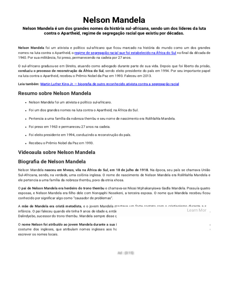 Nelson Mandela_ Quem Foi, Resumo, Biografia, Morte - Brasil Escola | PDF | Nelson Mandela ...