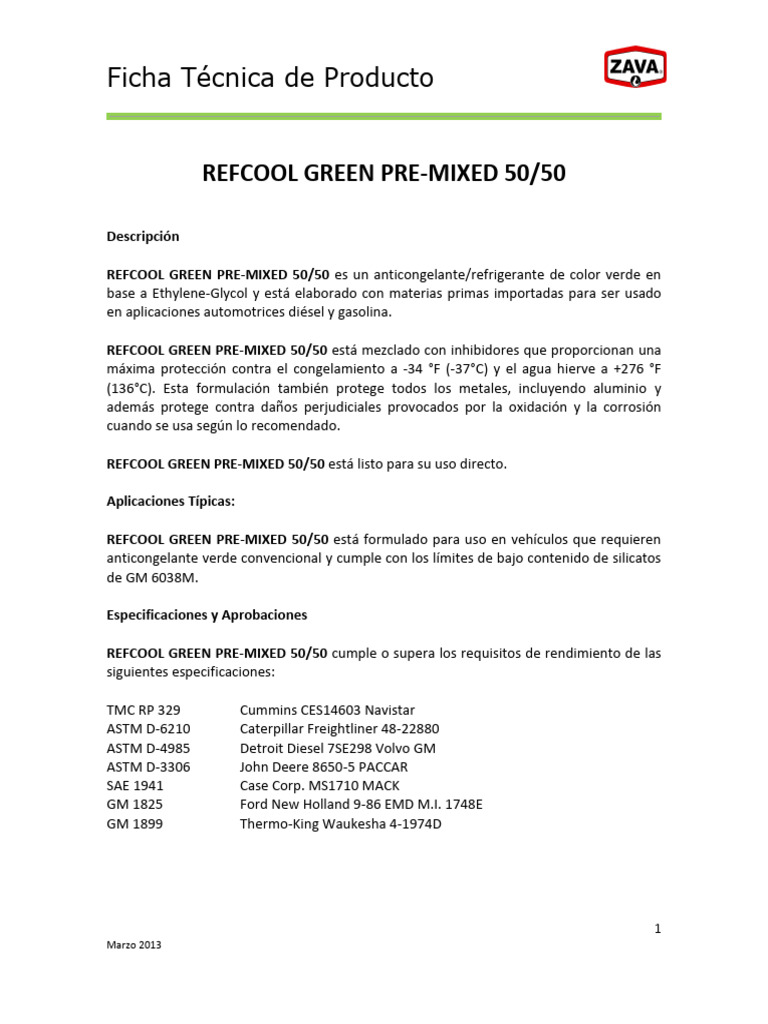 Ficha Técnica Refcool Green Pre Mixed 50-50-201303 | PDF | Refrigerante ...