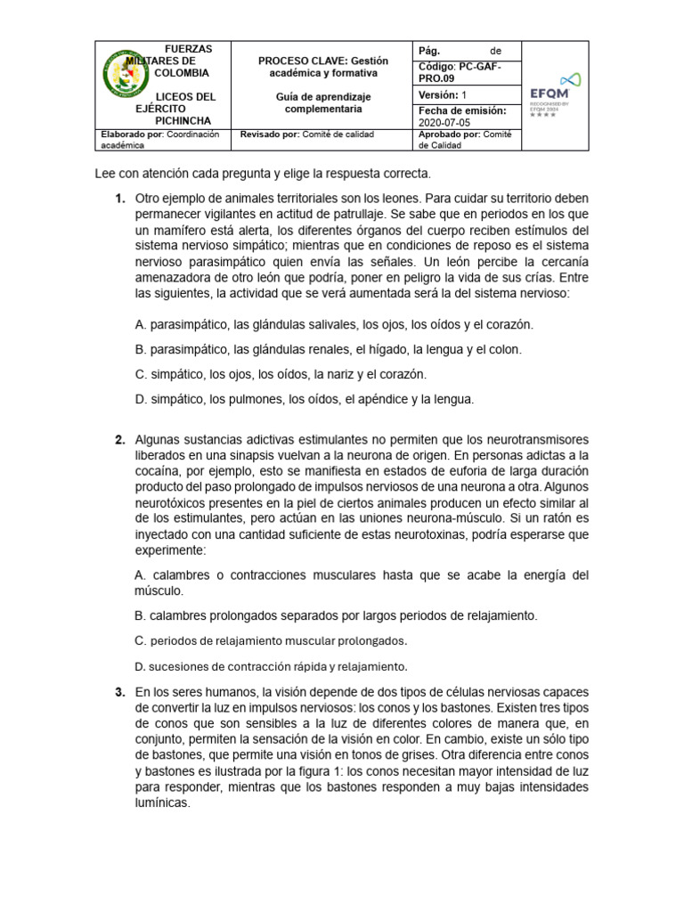 Guia de Aprendizaje Complementaria Preguntas Saber Sistema Nervioso ...