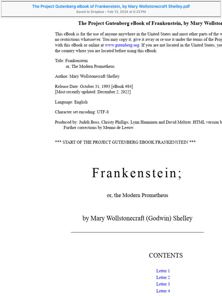 Project Gutenberg: Frankenstein eBook | PDF | Frankenstein | Project ...