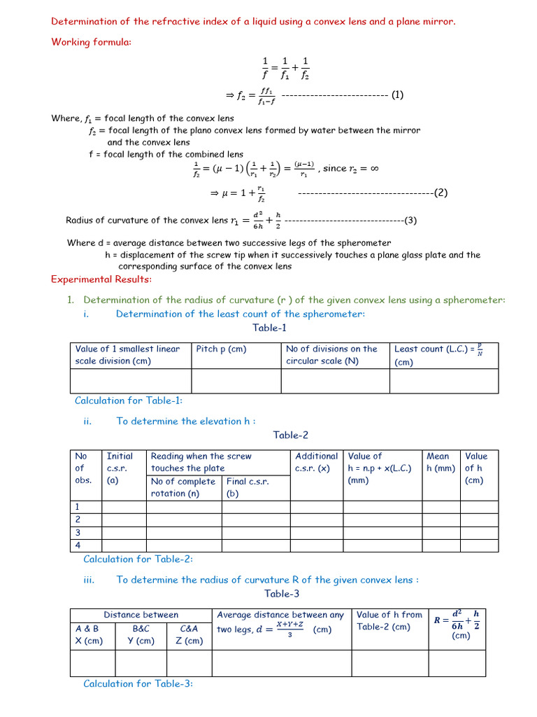 Determination of The Refractive Index of A Liquid Using A Convex Lens and A Plane Mirror | PDF ...