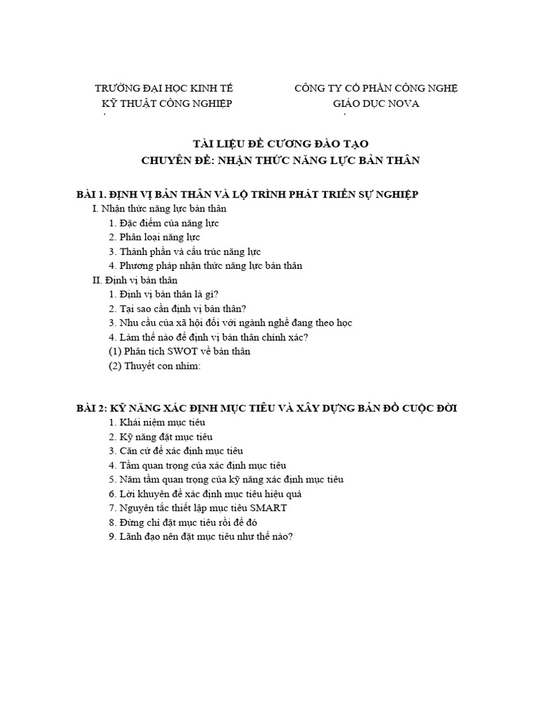 T3.2025.UNETI.Tài liệu học tập Kỹ năng nhận thức bản thân | PDF