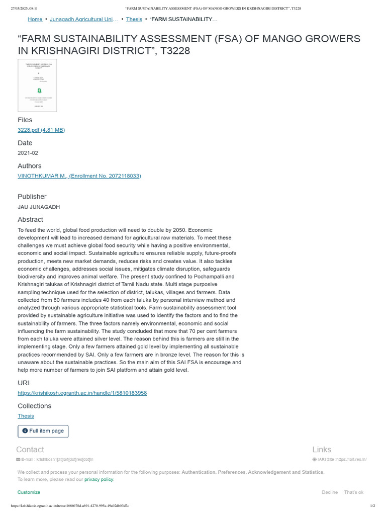 "Farm Sustainability Assessment (Fsa) of Mango Growers in Krishnagiri ...