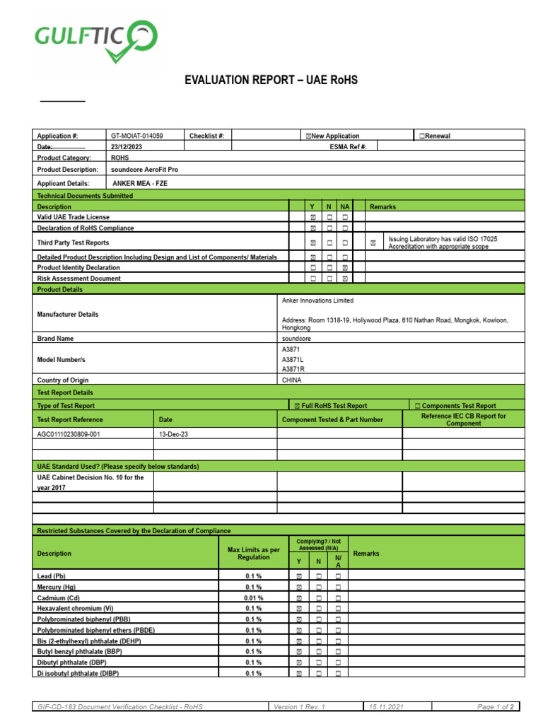 UAE RoHS Evaluation for soundcore AeroFit Pro | PDF