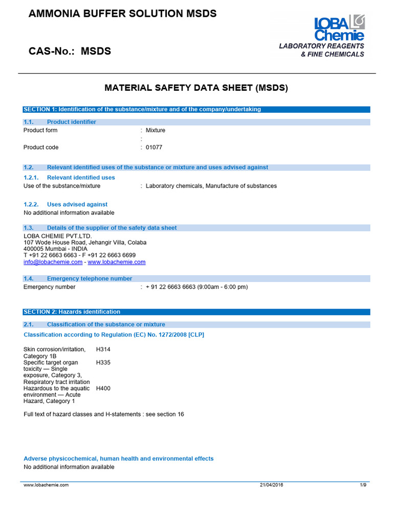 MSDS AMMONIA BUFFER SOLUTION CASNO 01077 EN - Aspx | PDF | Dangerous Goods | Toxicity