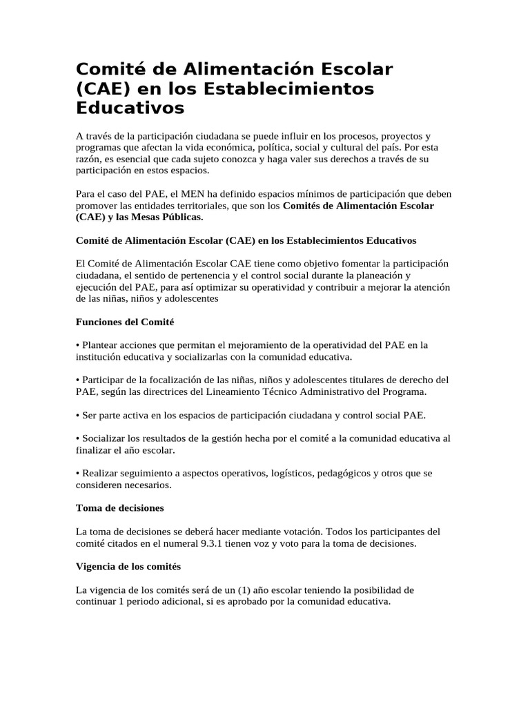 Comité de Alimentación Escolar | PDF