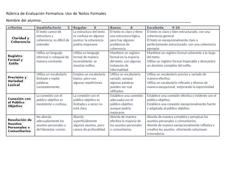 Rúbrica de Evaluación Formativa | PDF | Léxico