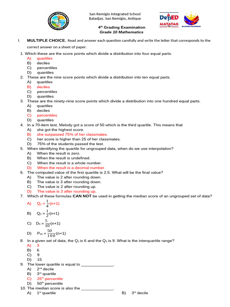 Grade 10 Math Exam Review Guide | PDF | Percentile | Quartile