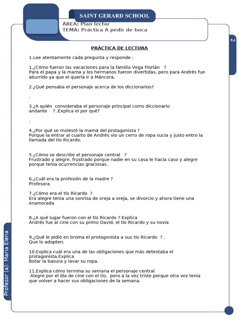 Práctica de Plan Lector 2 Sec A Pedir de Boca | PDF