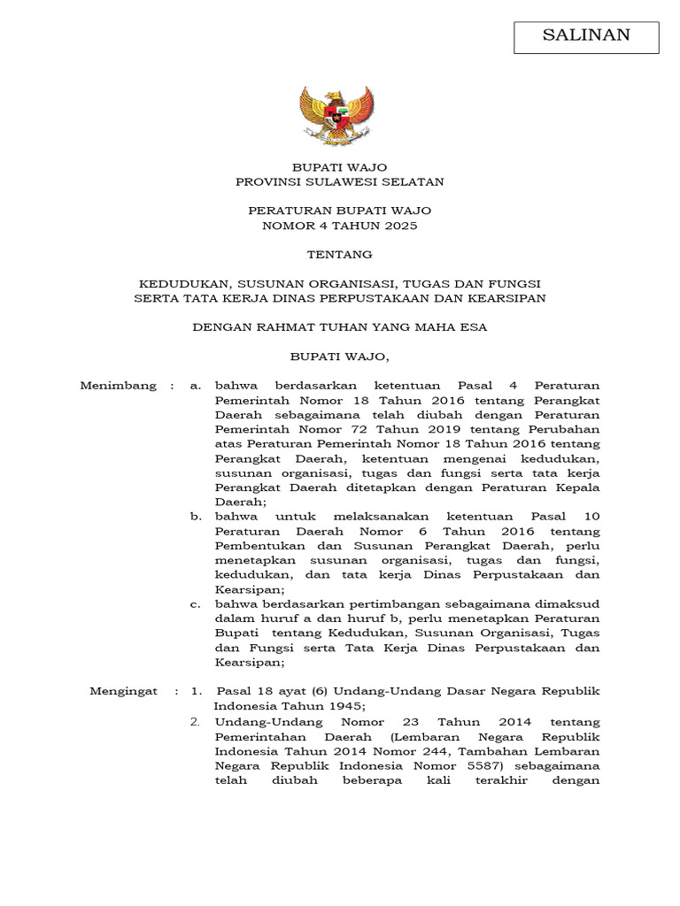 PERBUP NOMOR 4 TAHUN 2025 TENTANG SOTK Perpustakaan | PDF