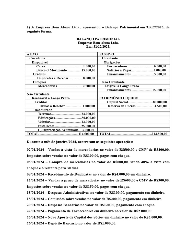Exercícios Contabilidade - 7 - DRE | PDF | Capital próprio (finanças ...
