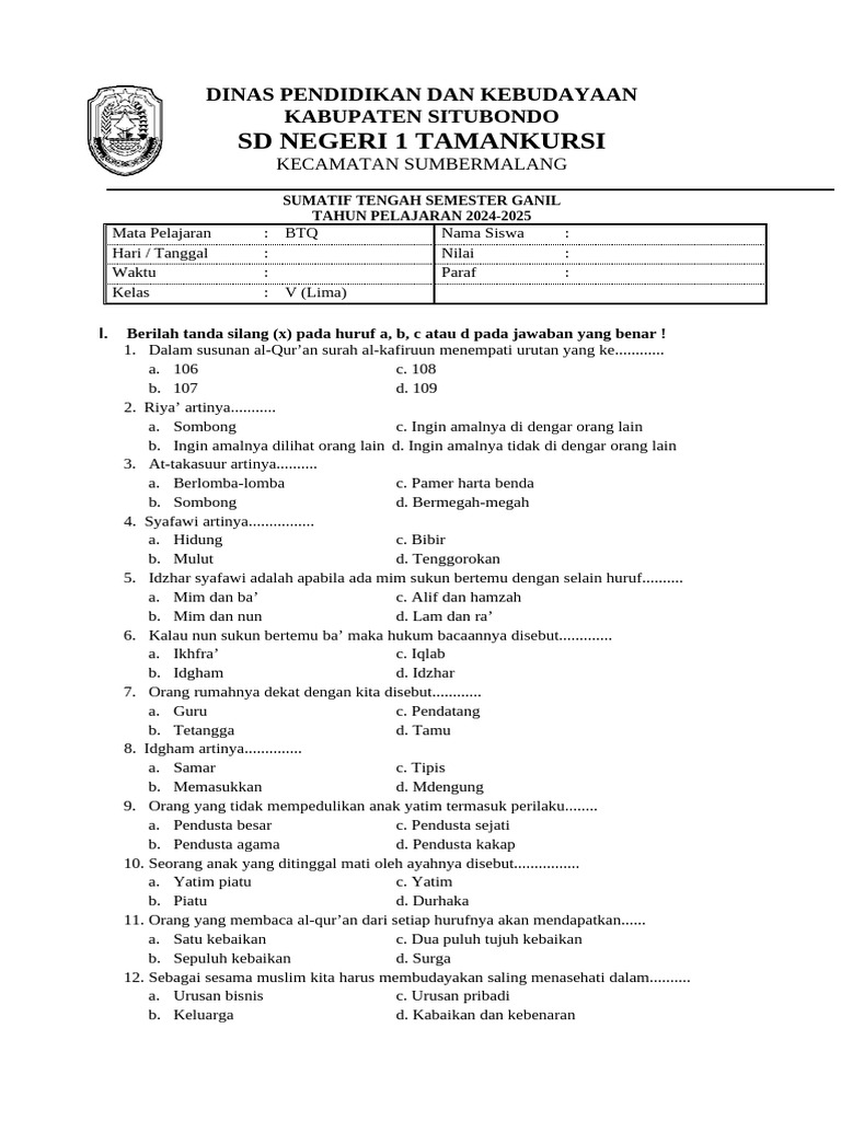 Soal PTS 1 Al-Quran Hadist Kelas V | PDF