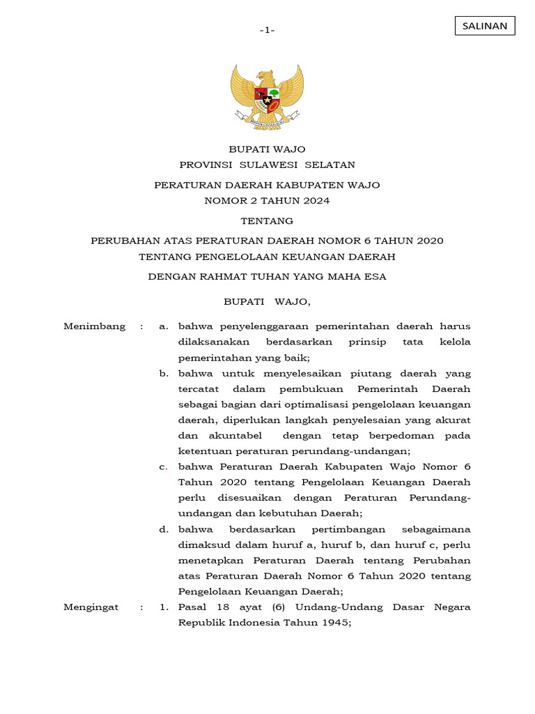 Perda Nomor 2 Tahun 2024 Tentang Perubahan Perda Nomor 6 Tahun 2020 | PDF