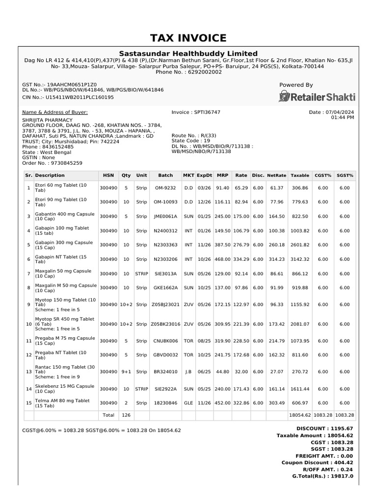 Tax Invoice for Shrijita Pharmacy | PDF | Economy Of India | Sales
