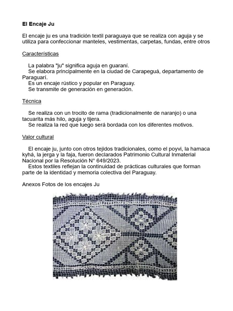 Encaje Ju: Patrimonio Textil Paraguayo | PDF