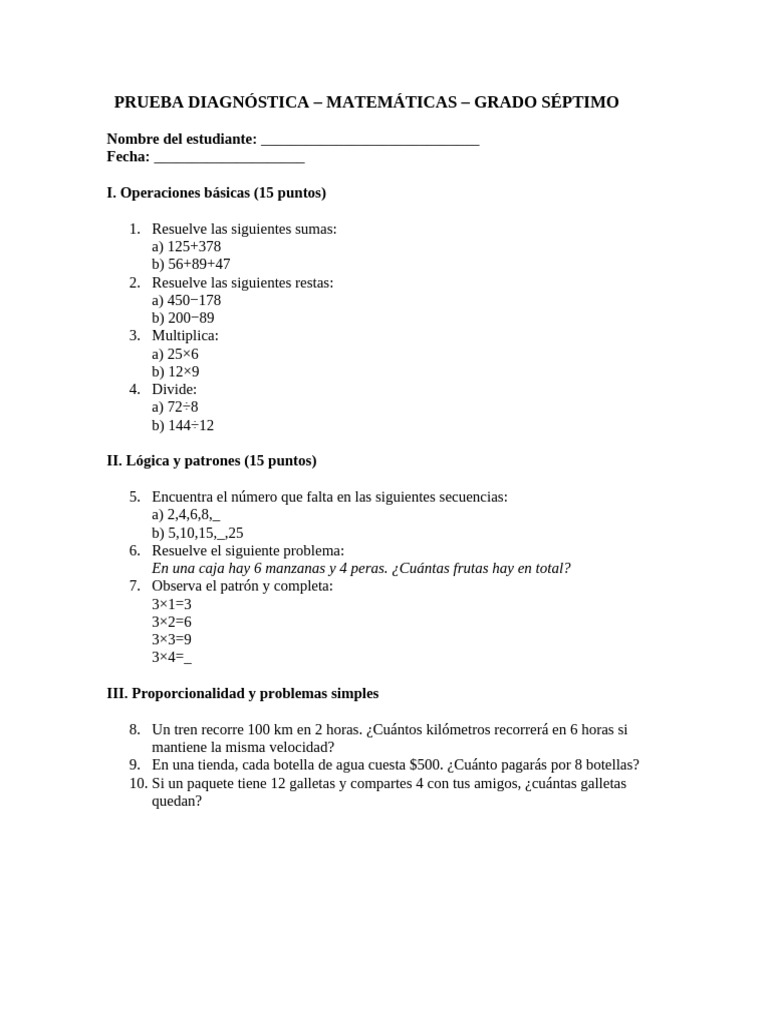 Prueba de Matemáticas Séptimo Grado | PDF