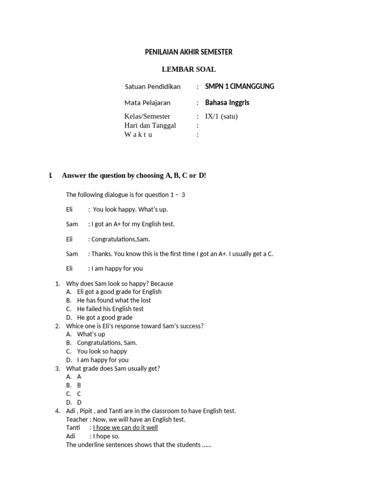 Soal Ujian Bahasa Inggris | PDF | Teaspoon | Soup