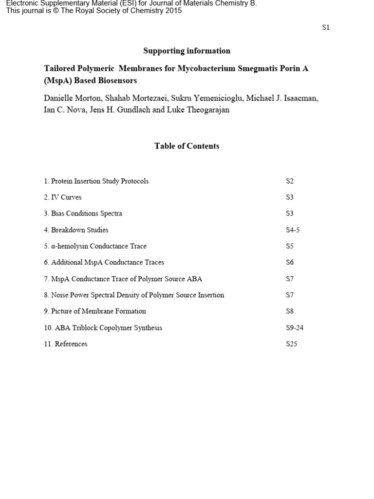 Supporting Information - Tailored Polymeric Membranes For MspA Based Biosensors | PDF | Cell ...