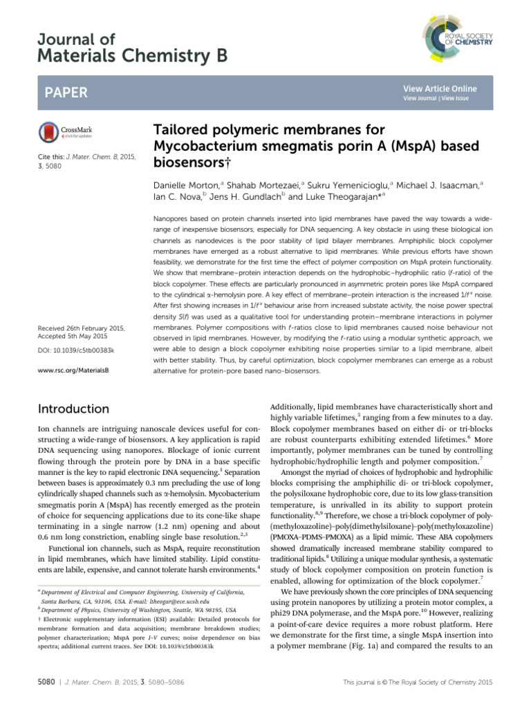 Tailored polymeric membranes for MspA based biosensors | PDF | Biological Membrane | Cell Membrane