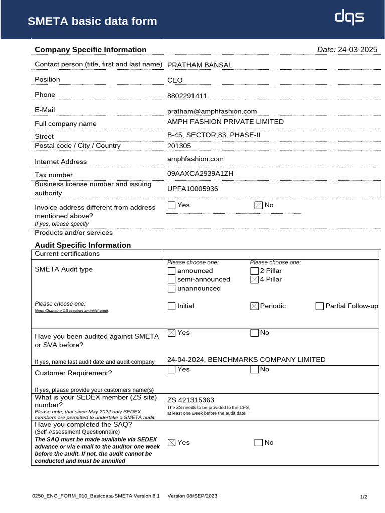 0250 ENG FORM 010 Basicdata-SMETA Version 7.0 | PDF | Business
