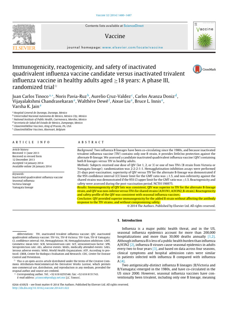 Immunogenicity, Reactogenicity, and Safety of Inactivatedquadrivalent ...