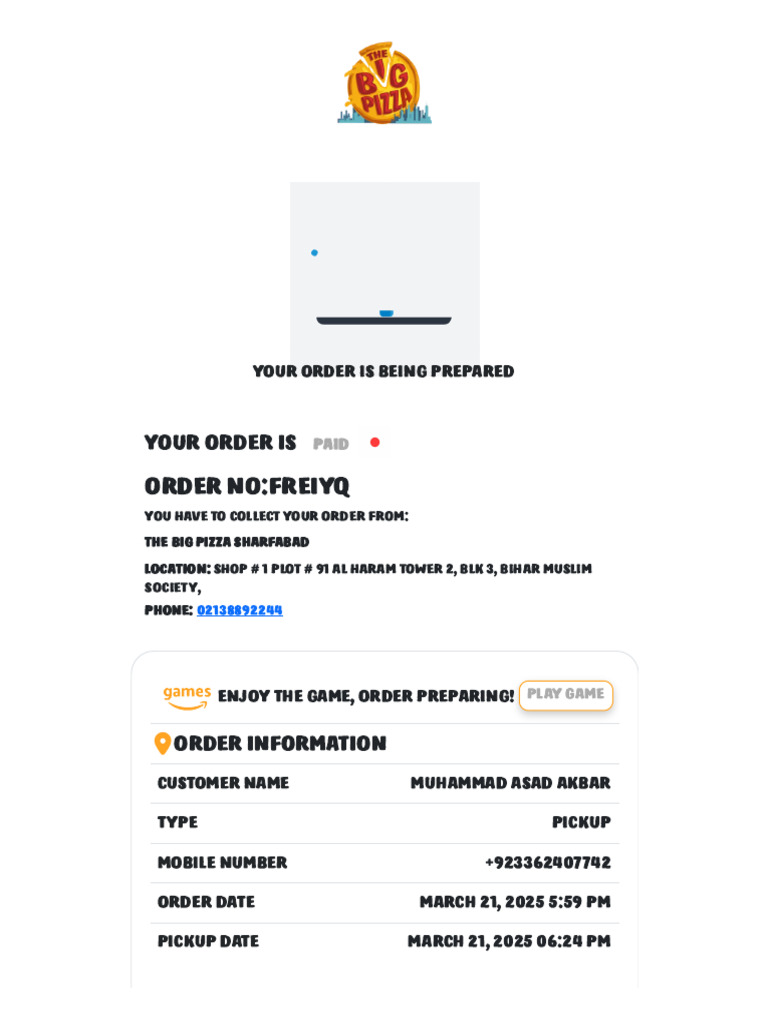 Big Pizza Order Confirmation - Pickup Details | PDF