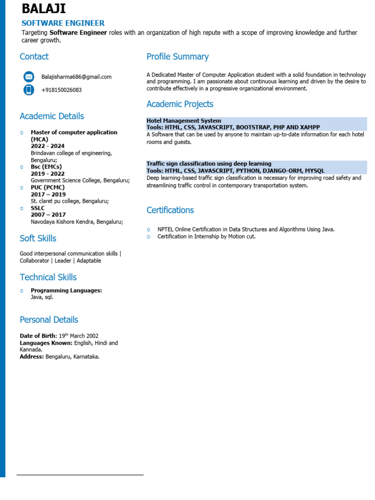 Balaji's MCA Resume for Software Engineer | PDF