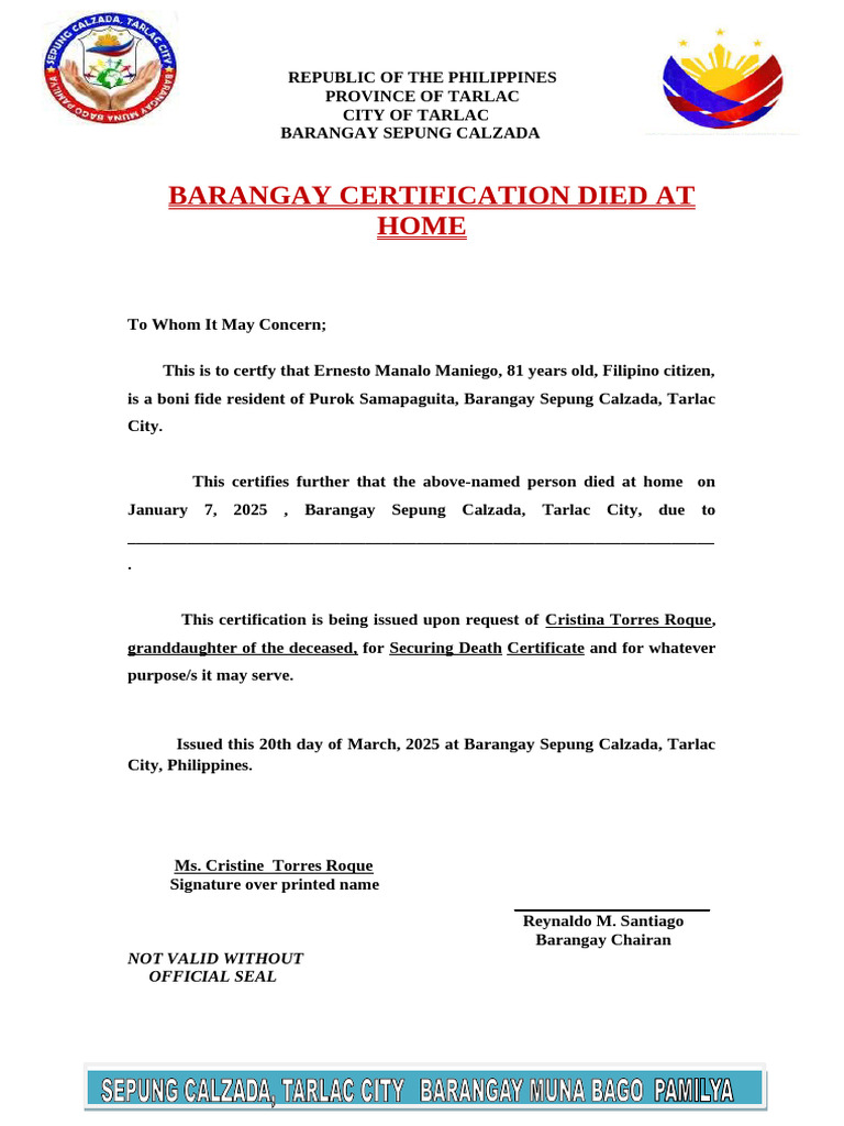 Barangay Death Certification Sample | PDF