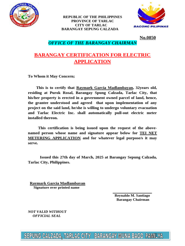 Barangay Certification for Electric Application | PDF