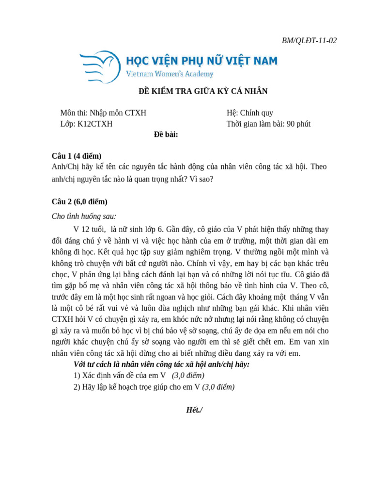 BÀI KIỂM TRA CÁ NHÂN K12 CTXH | PDF