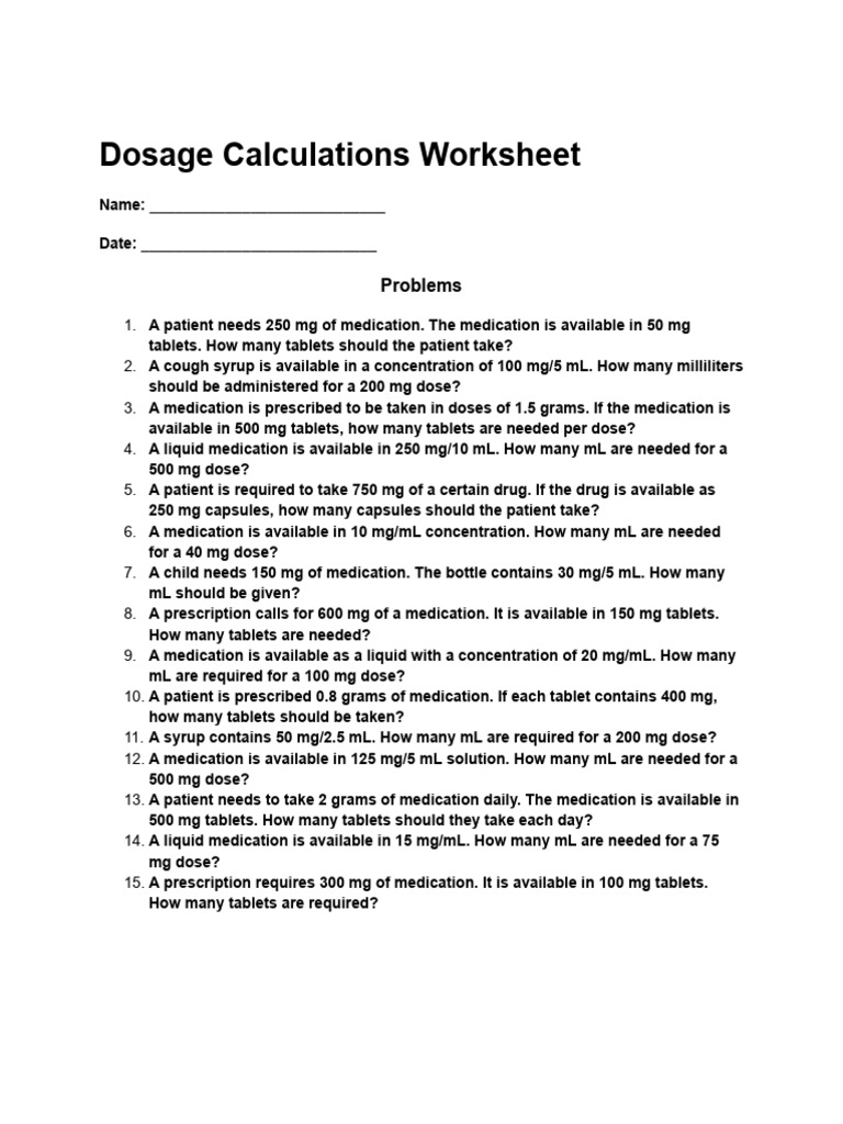Dosage Calculations Worksheet (1) | PDF