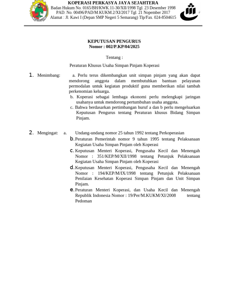Peraturan Khusus Koperasi Simpan Pinjam | PDF