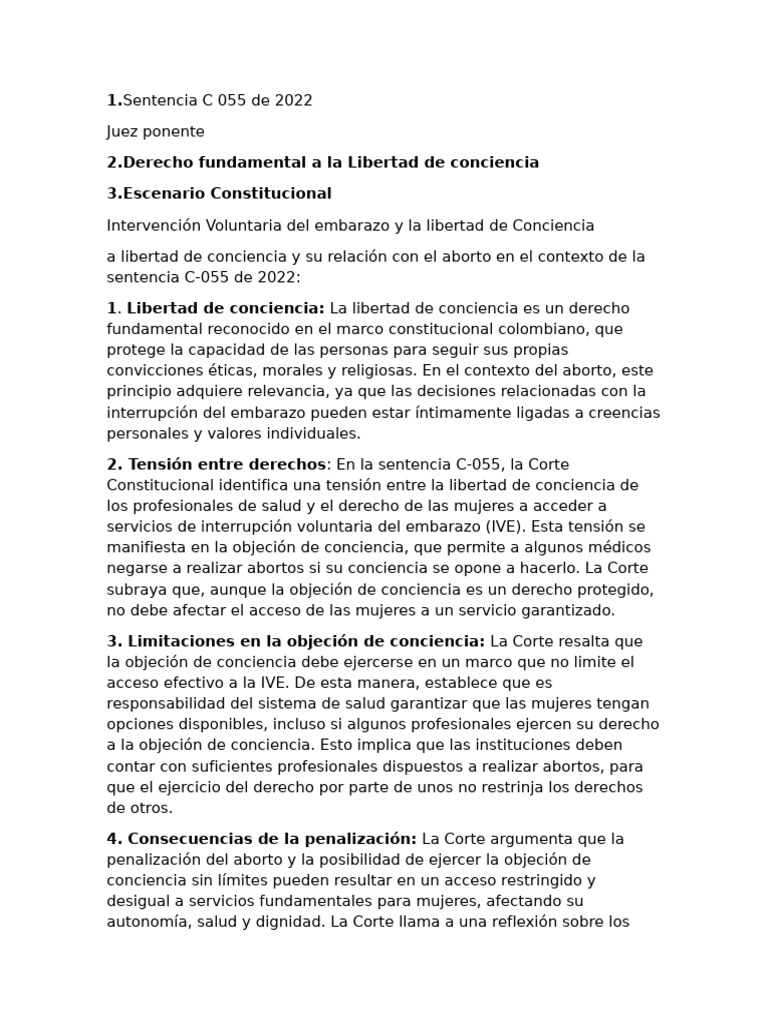 Trabajo sentencia C 055 de 2022 | PDF | Objetor de conciencia | Aborto