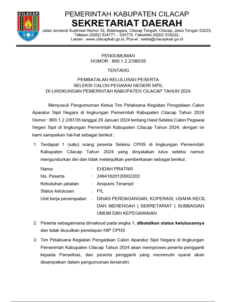2025020209030420250130083710Pengumuman Pembatalan Kelulusan ENDAH PRATIWI | PDF