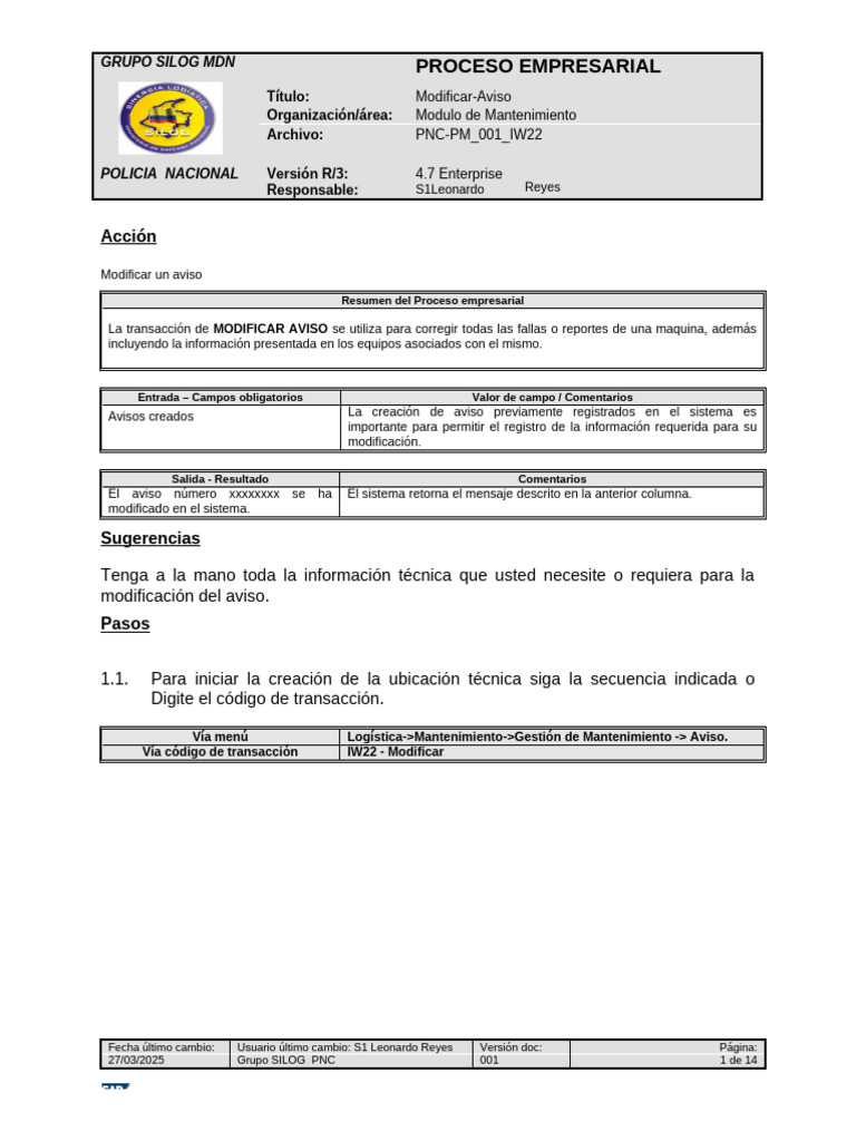 PNC-IW22 - Modificar Aviso | PDF