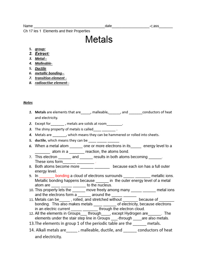 Ali Rady - CH 17 Les 1 Fill in Notes | PDF | Metals | Chemical Elements